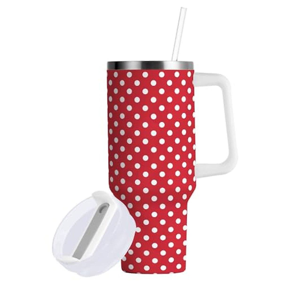 ZZXXB White and Red Polka Dot Insulated Stainless Steel Water Bottle with Handle and Straw Lid Double Walled Travel Mug 40 oz
