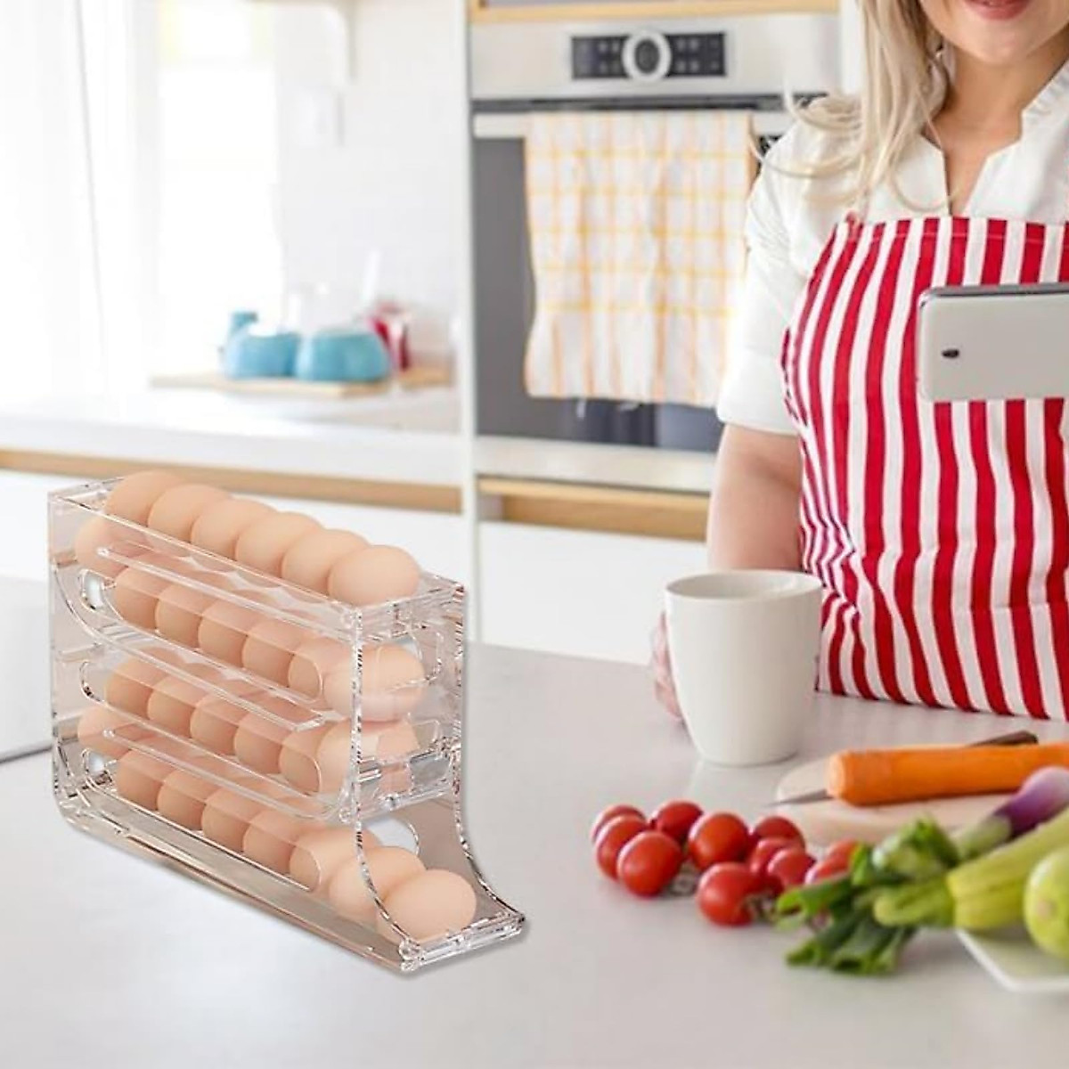 Lshnrd 4 Tiers Egg Holder for Fridge,Auto Rolling Egg Fridge Organizer,Space-Saving Egg Dispenser Holder for Refrigerator,Large Capacity Egg Storage Rack(Transparent)