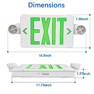 Green LED Exit Sign Emergency Light Combination Adjustable Two Heads and Battery Backup, US Standard Commercial Emergency Exit Lighting, Fire Resistant UL 924 AC 120/277V (8-Pack)