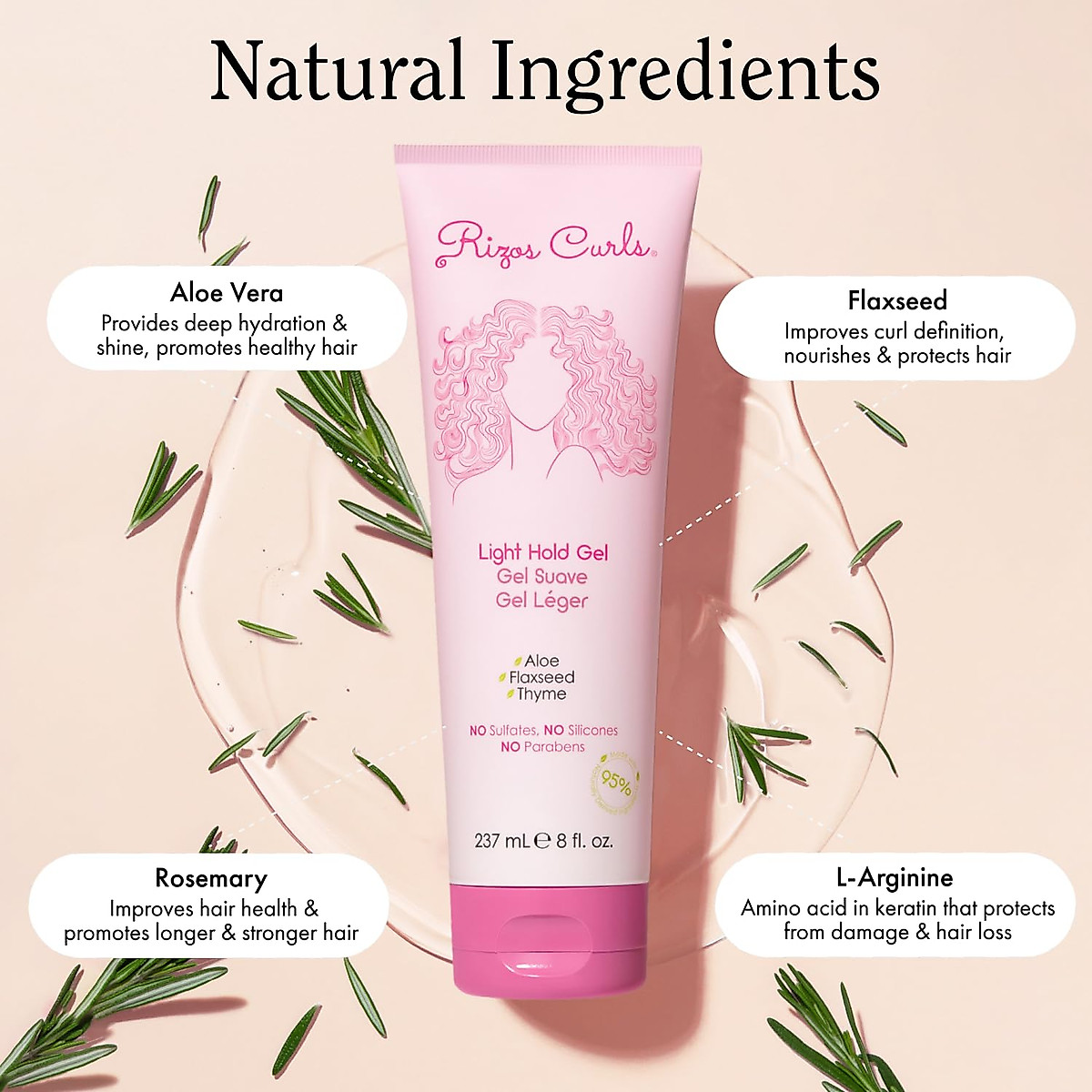 Rizos Curls Light Hold Gel, Defines with Flexible Hold, Flake-Free and Frizz-Free Voluminous Curls, Moisturize with Aloe Vera & Flaxseed, For All Curl Patterns 2a - 4c, 8 oz (Package May Vary)