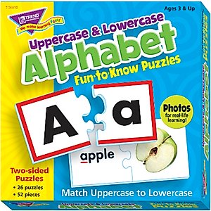 Trend Enterprises: Fun-to-Know Puzzles: Uppercase & Lowercase Alphabet, Learn Letter & Case Recognition, 26 Two-Sided Puzzles, Self-Checking, 52 Puzzles Total, for Ages 3 and Up