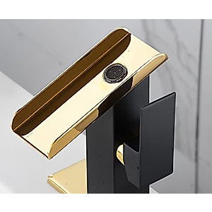 Black Bathroom Faucet Golden Waterfall Open Spout LED Color Changing One Hole Bath Vanity Sink Tap Single Handle with Bathroom Sink Drain Pop Up Stopper Overflow Water Supply Hose Include Modern
