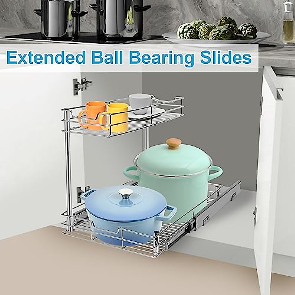 2 Tier Pull Out Cabinet Organizer, 20.7" D x 12.7" W x 13.9" H, Heavy Duty, Under Sink Slide Out Storage, Sliding Wire Drawer Base Cabinet for Kitchen Bathroom Pantry, Chrome