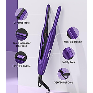 Terviiix Ceramic Pencil Flat Iron for Edges, 3/10 Inch Skinny Hair Straightener with LCD Digital Display, Mini Flat Iron for Pixie & Beard, Small Flat Irons for Short Hair, Auto Shut Off, Purple