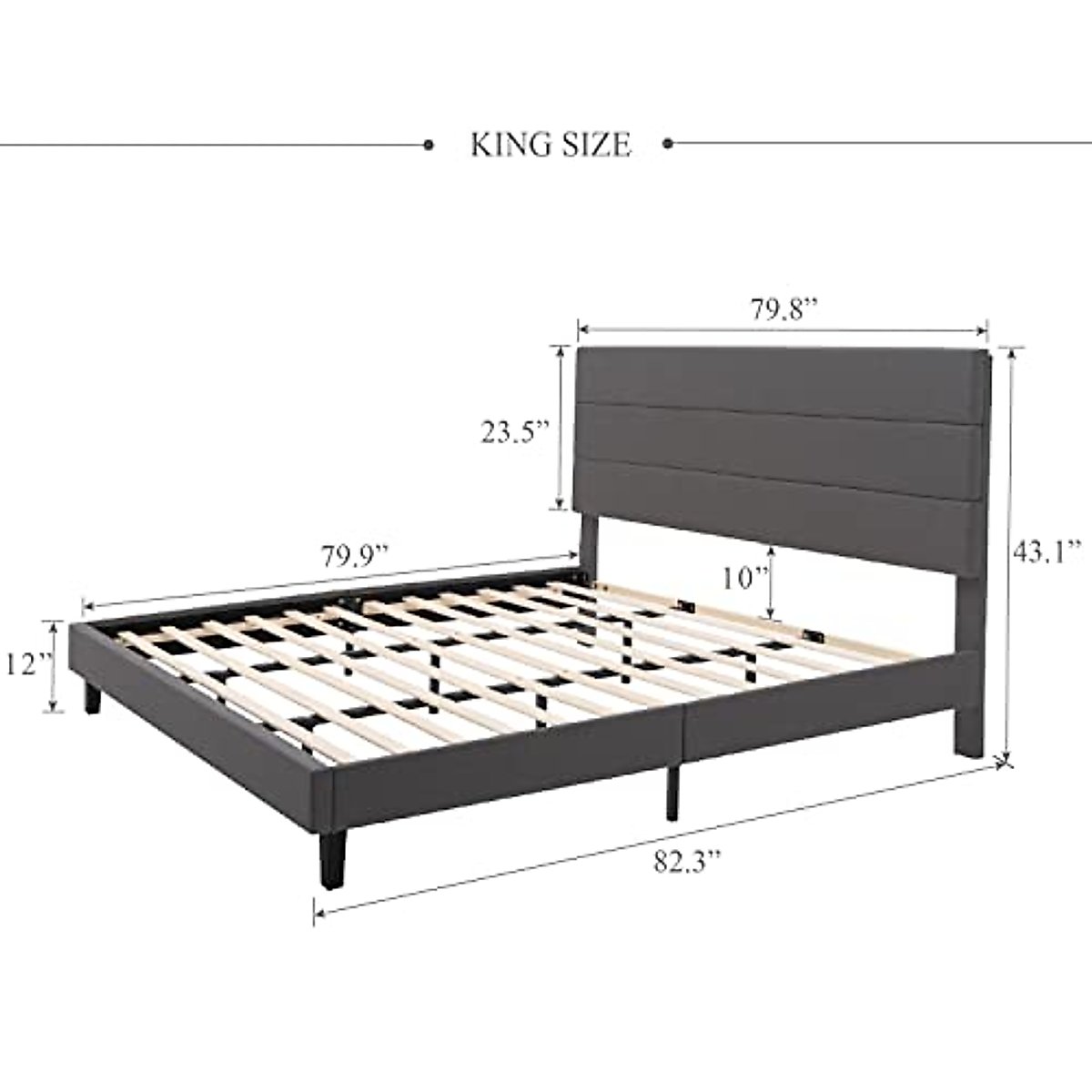Benevika King Size Upholstered Platform Bed Frame with Linen Fabric Simple Style Headboard and Wooden Slats Support, Upholstered Mattress Foundation, No Box Spring Needed, Easy Assembly, Grey