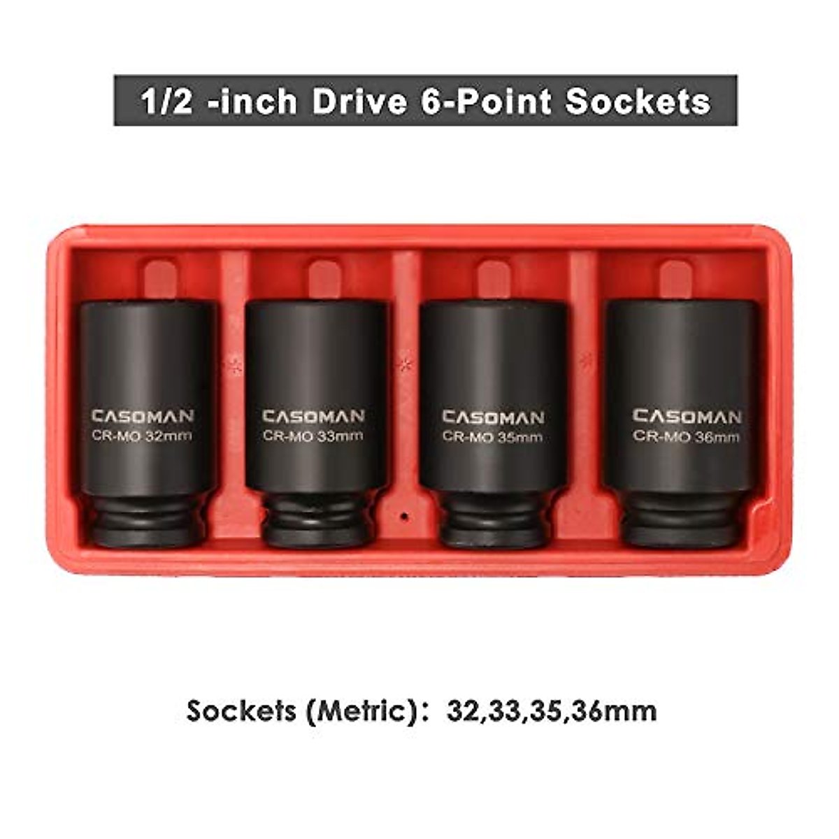 CASOMAN 1/2'' Drive Deep Spindle Axle Nut Impact Socket Set, 6 Point, CR-MO,32,33,35,36mm, 4PC 1/2-Inch Impact Socket Set, Heavy Duty Use In Removing And Installing Axle Nuts
