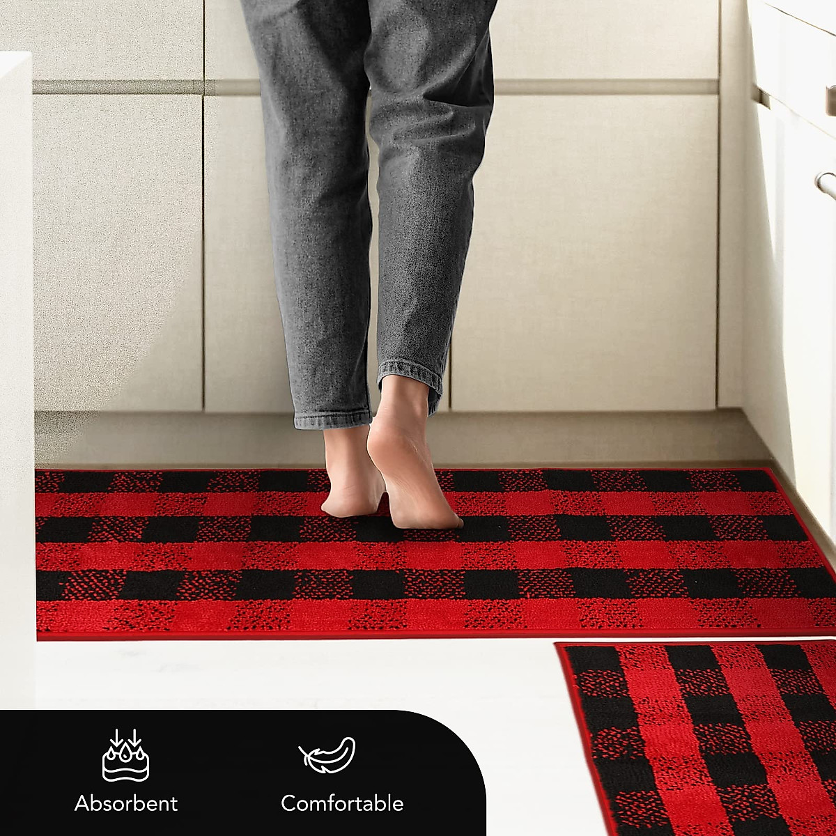 Dephora Kitchen Rugs and Mats Non Skid Washable Set of 2 Anti Fatigue Buffalo Plaid Check Water Absorb Microfiber Runner Rug for Kitchen Floor Front of Sink, Bathroom,17"x48"+17"x24", Black and White