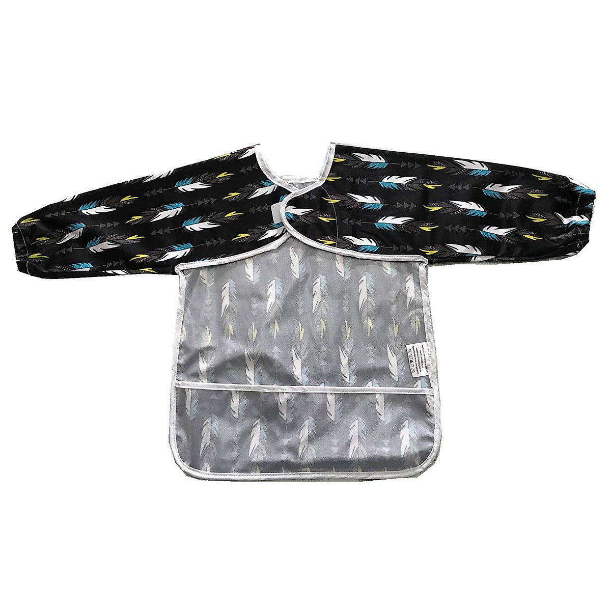 MUMBABY Baby Bib Sleeved Shirt with Pocket 1-3 Years Old Toddler Smock, Waterproof and Washable (White Feather