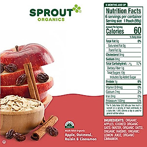 Sprout Organic Baby Food, Stage 2 Pouches, Apple Oatmeal Raisin with Cinnamon, 3.5 Oz Purees (Pack of 12)