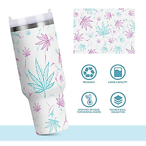 OTVEE 30oz Pink and Blue Marijuana Leaves Tumbler with Handle and Straw, Double Wall Vacuum Reusable Stainless Steel Insulated Water Bottle Travel Mug Cup for Hot and Cold Drinks