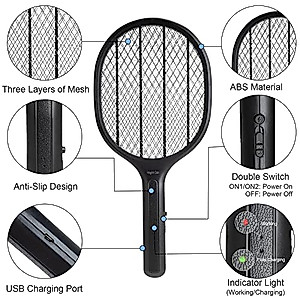 Night Cat Electric Fly Swatter Racket Bug Zapper Indoor Mosquito Killer USB Rechargeable Lightweight Double Layers Protection