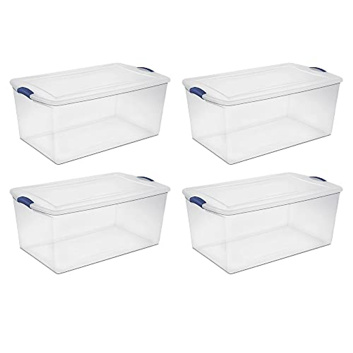 REBESCO 4 Pack Latch Box Plastic 105 Qt, Clear Plastic Storage Bins with Lid, White & Blue