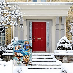 Covido Home Decorative Hello Winter Owls Family Garden Flag, Animals Yard Outside Decorations, Snow Farmhouse Outdoor Small Decor Double Sided 12x18