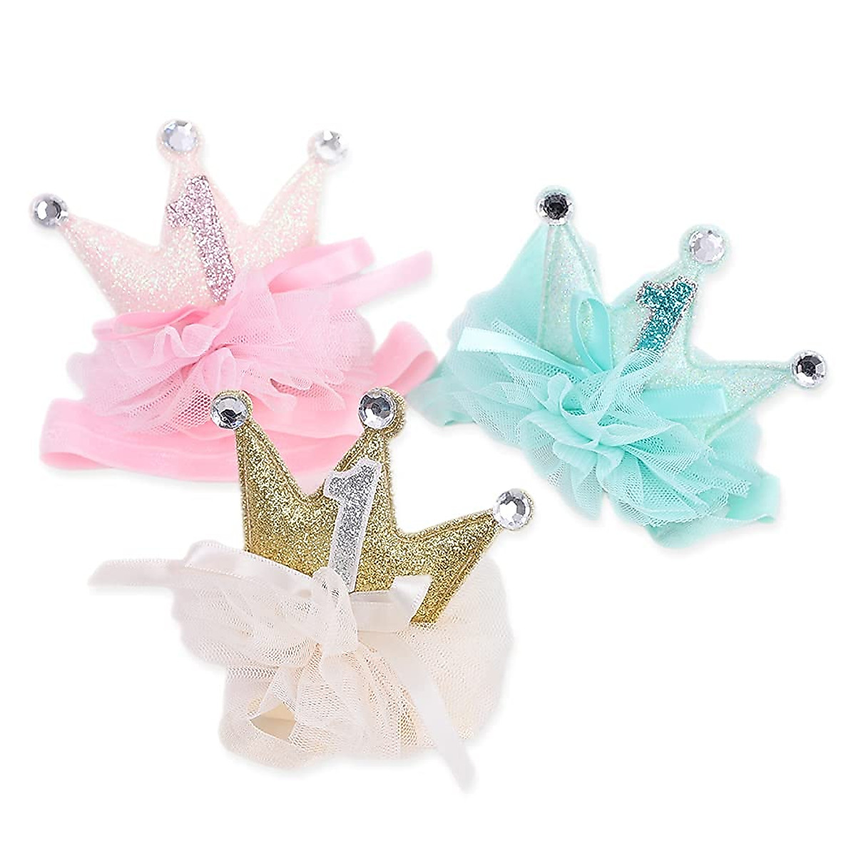 LINLULU 1st Birthday Crown Headband for Baby Girls - Elastic Pink Glitter Mini Crown, Princess Crown Headband, Tulle Bow Crown Baby Headband, Cake Smash Photo Prop (pink baby headband)