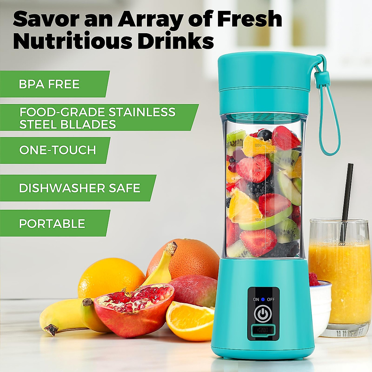 Personal Blender for Shakes and Smoothies, USB Rechargeable Shaker, Portable Juicer with Six Cutters, 380ML Juice Bottle for Travel Gym（Teal）