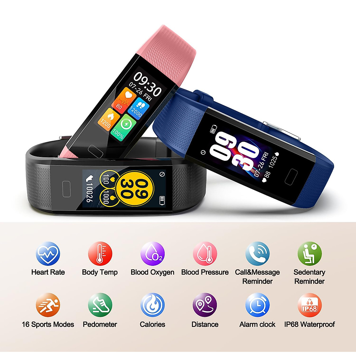 ENGERWALL Fitness Tracker with Step Counter/Calories/Stopwatch, Activity Tracker with Heart Rate Monitor, IP68, Health Tracker with Sleep Tracker, Smartwatch, Pedometer Watch for Women Men Kids