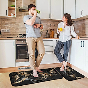 Kigai Kitchen Rugs 2 Piece Waterproof Non Slip Kitchen Mat Black Flower Kitchen Rug Set for Sink Office Kitchen Cafe, 19.7"x47.2"+19.7"x27.6"