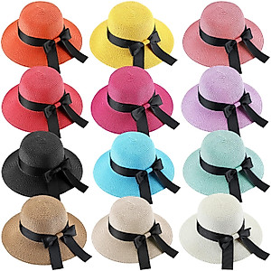 Pasimy 12 Pcs Women Straw Sun Hats with Bowknot Panama Wide Brim Roll up Hat for Women Girls Foldable Floppy Hat Summer Cap for Beach Travel Outdoor Pool Multicolor
