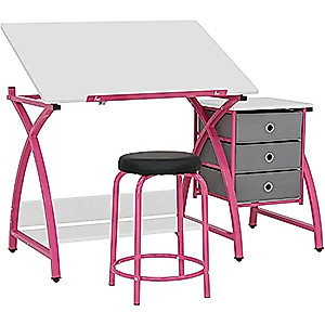 Offex 2 Piece Venus Craft Table with Angle Adjustable Top and 20.5" H Matching Padded Stool, Pink/White - Great for Home, Office, Kids Room and More