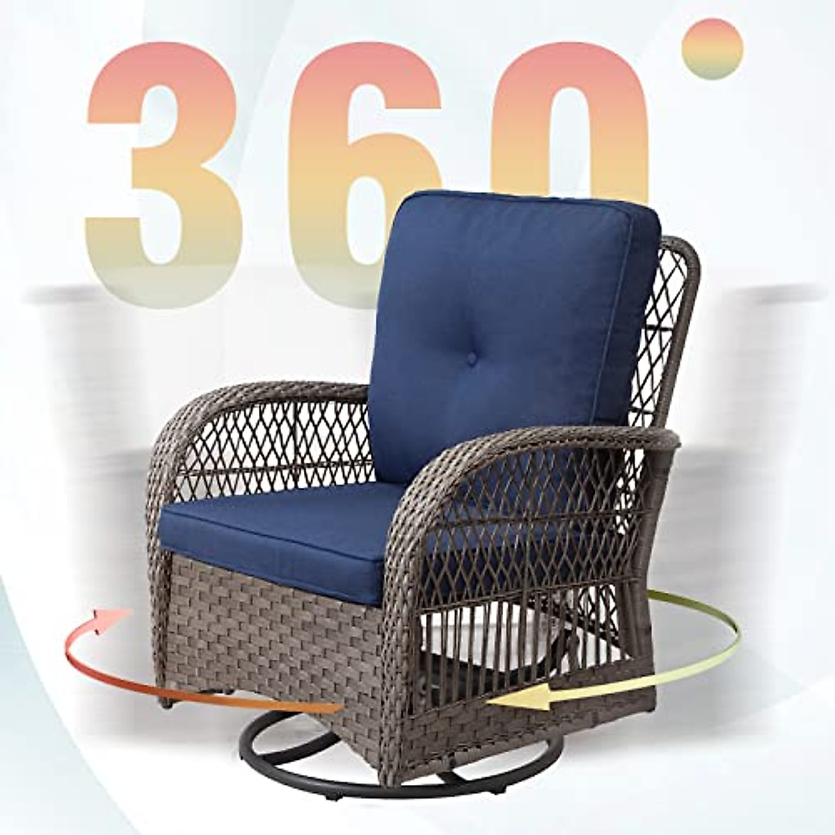 Joyside Patio Bistro Set - 3-Piece Patio Wicker Swivel Rocking Chair Set, Outdoor Patio Furniture Chair with Side Coffee Table & Durable Fabric Cushion(Brown/Blue)