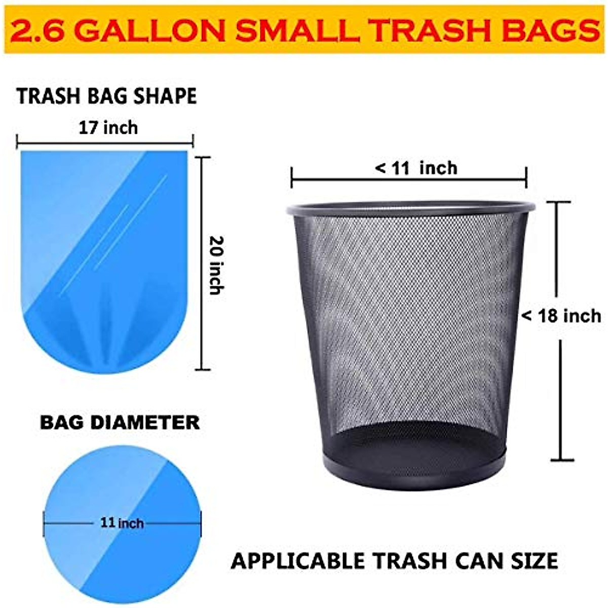 Small Trash Bags CCLINERS 2.6 Gallon Garbage Bags 240 Small Bathroom Trash Can Liners for Home Kitchen and Office fit 2 Gallon, 3 Gallon (240 Ct, 5 Colors)