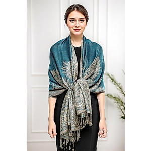 Achillea Luxurious Double Layered Jacquard Big Paisley Pashmina Shawl Wrap Scarf (Turquoise)