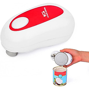 Kitchen Goods Electric Can Opener - One Touch Push of a Button, No Sharp Edge, Food Safe, Cordless Battery Operated, Portable Handheld and Easy to Operate for Adults & Seniors - White & Red