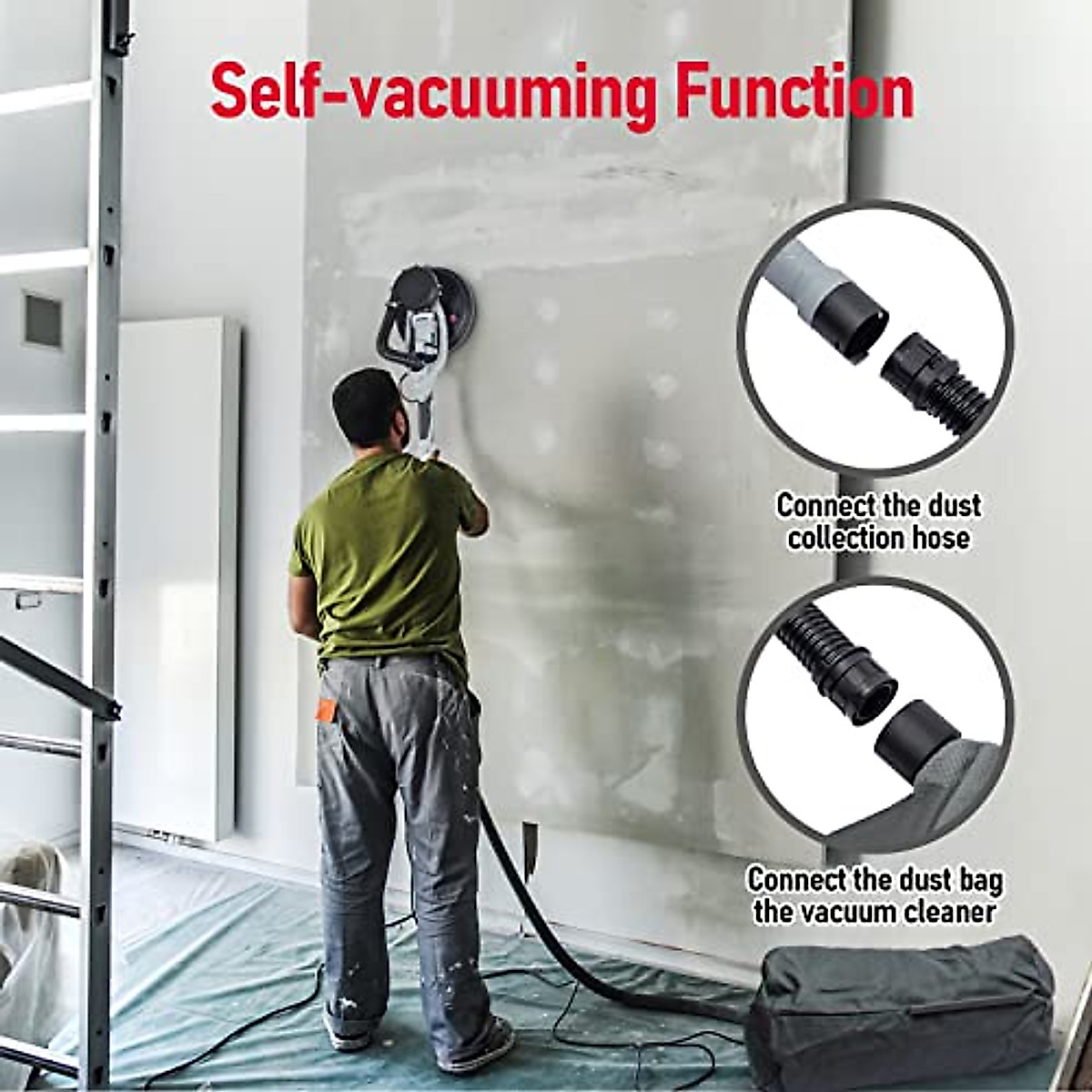 Drywall Sander, 800W Electric Motor Sander with Automatic Dust Removal System, Variable Speed 800-1800RPM With LED Light, Extendable & Foldable Handle, 12 Pcs Sanding Discs and Carrying Bag