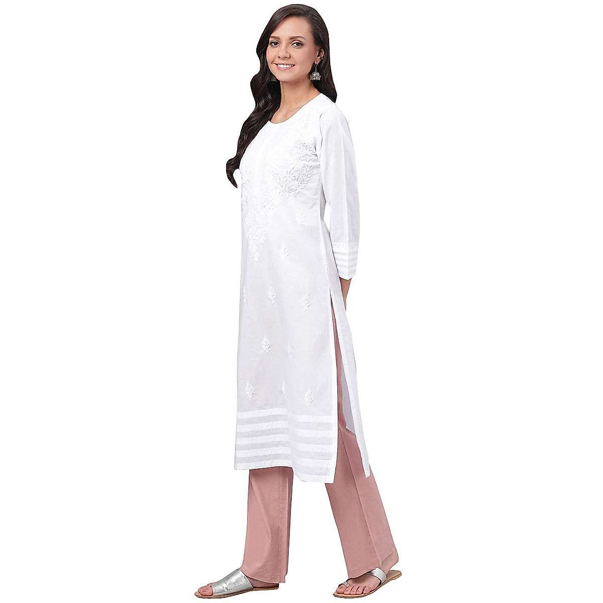 Ada Hand Embroidered Indian Chikankari Cotton Kurta Kurti Tunic for Women A149984 (White, Small)