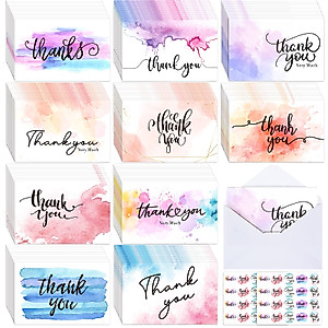 Faccito 100 Watercolor Thank You Cards with Envelopes and Stickers, Baby Shower, Graduation, Birthday, Wedding, Thank You