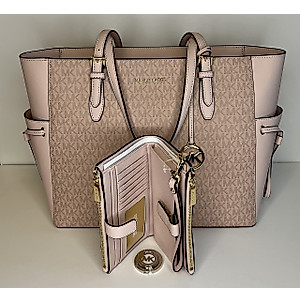 Michael Kors MICHAEL Michel Kors Gilly Large Drawstring Travel Tote bundled with Double Zip Wristlet Purse Hook (Signature MK Pink)