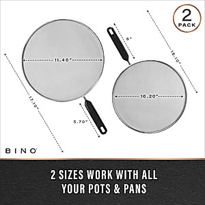 BINO 2-Piece Stainless Steel Splatter Screen with Handle Set - Black | Oil & Grease Skillet Guards | Bacon Screen Splash Protector | Frying Screen | Mesh Splatter Screen | Kitchen Cookware Essentials