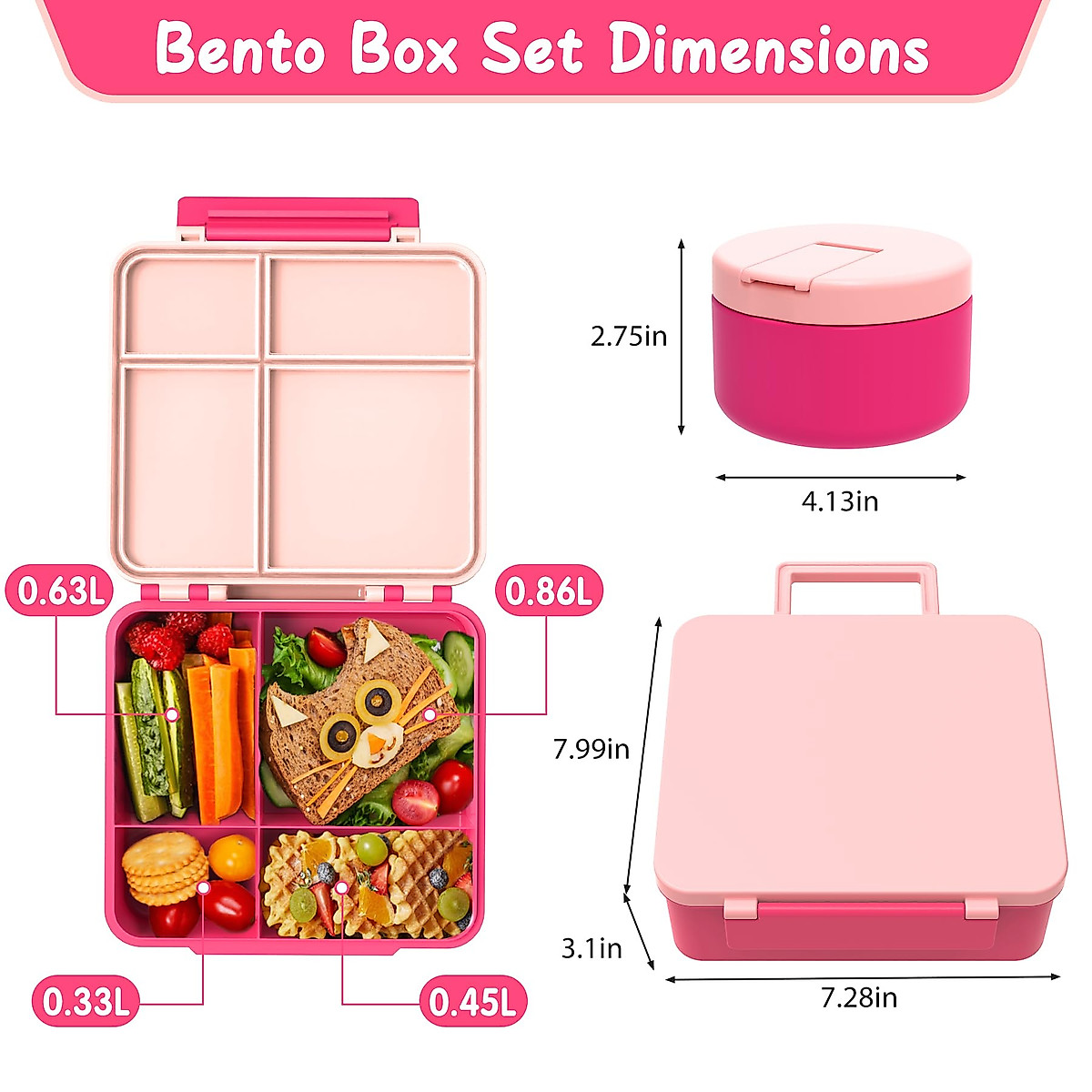 LOHASOK Bento Lunch Box with 8oz Soup Thermo, Leak-Proof Lunch Containers with 4 Compartment, Thermo Hot Food Jar and Insulated Lunch Bag for School Pink