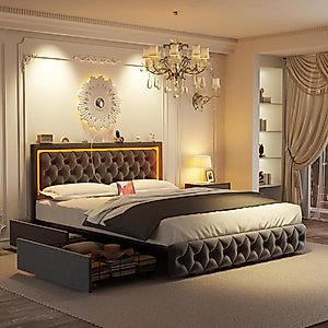 Ucloveria Queen Size Bed Frame with 4 Storage Drawers, LED Bed Frame Upholstered Platform Bed with Type-C & USB Ports, Adjustable Button Tufted Headboard, No Box Spring Needed, Velvet Grey