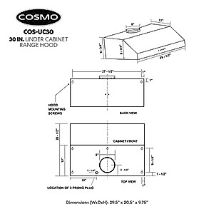 COSMO UC30 29.5 in. Ducted Under Cabinet Range Hood, Kitchen Over Stove Vent, 3-Speed Fan, Permanent Filters, LED Lights in Stainless Steel, 30 inch
