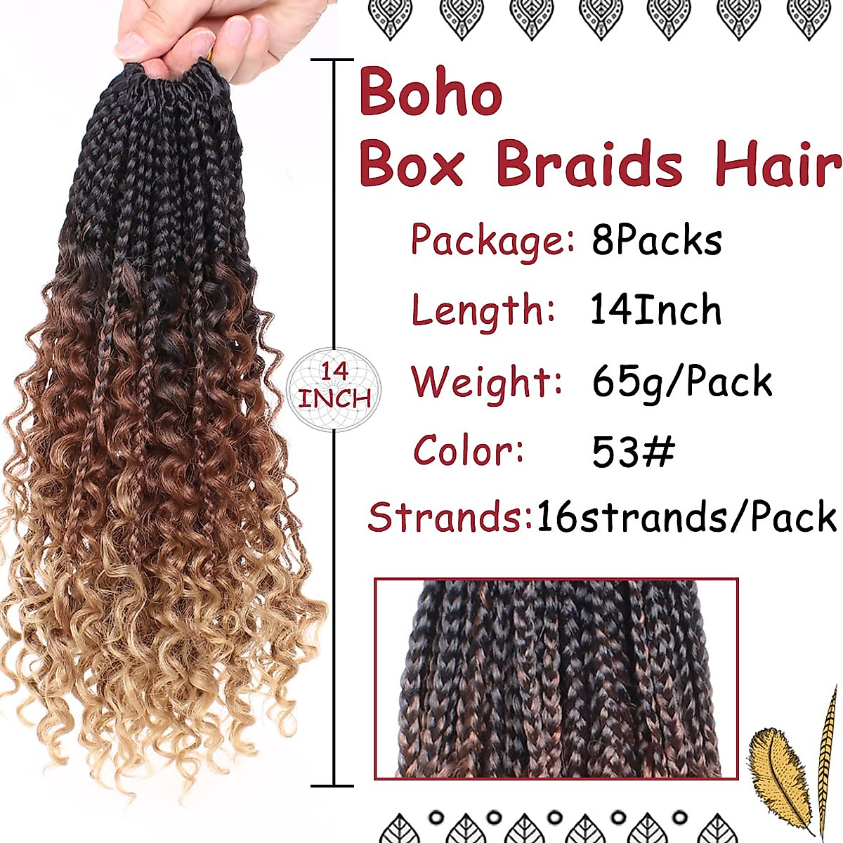 Beverlee Goddess Box Braids Crochet Hair 14 Inch Boho Box Braids 8 Packs Crochet Hair Bohemian Box Braids Crochet Braids Box Braids Curly Ends Messy Pre-looped Synthetic Curly Crochet Hair for Women