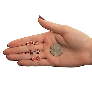 Disney Minnie Mouse Girls Earrings 4-Pack Official License, Red Crystal and Enamel-Plated Stud Earrings for Girls