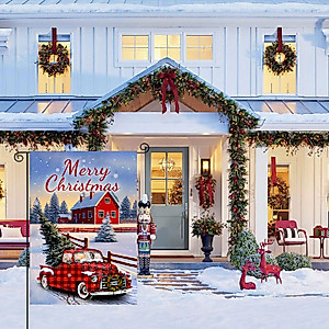 4SEASONS POD Merry Christmas Flag, Set 2 Merry Christmas Red Truck House Flag 28x40 and Christmas Garden Flag 12x18 Double Side, Winter Decorations Flag for Holiday Yard Lawn Outdoor Décor
