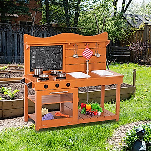 BRINJOY Kitchen Playset for Kids, Outdoor Wooden Mud Kitchen Set w/2 Removable Sinks & Spray Pipe, Backyard Garden Toddler Pretend Play Kitchen w/Blackboard, Kitchenware, Stove, Gift for Boys Girls
