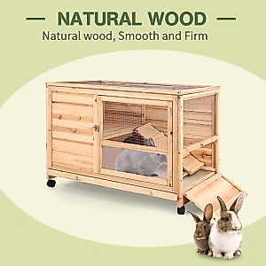 YOLENY Rabbit Hutch, Wooden Small Animal Cage, Bunny Hutch Indoor Rabbit Cage, Outdoor Guinea Pig Cage Hedgehog Cage, Removable Tray, Safety Lock, Galvanized Mesh Wires, Access Ramps