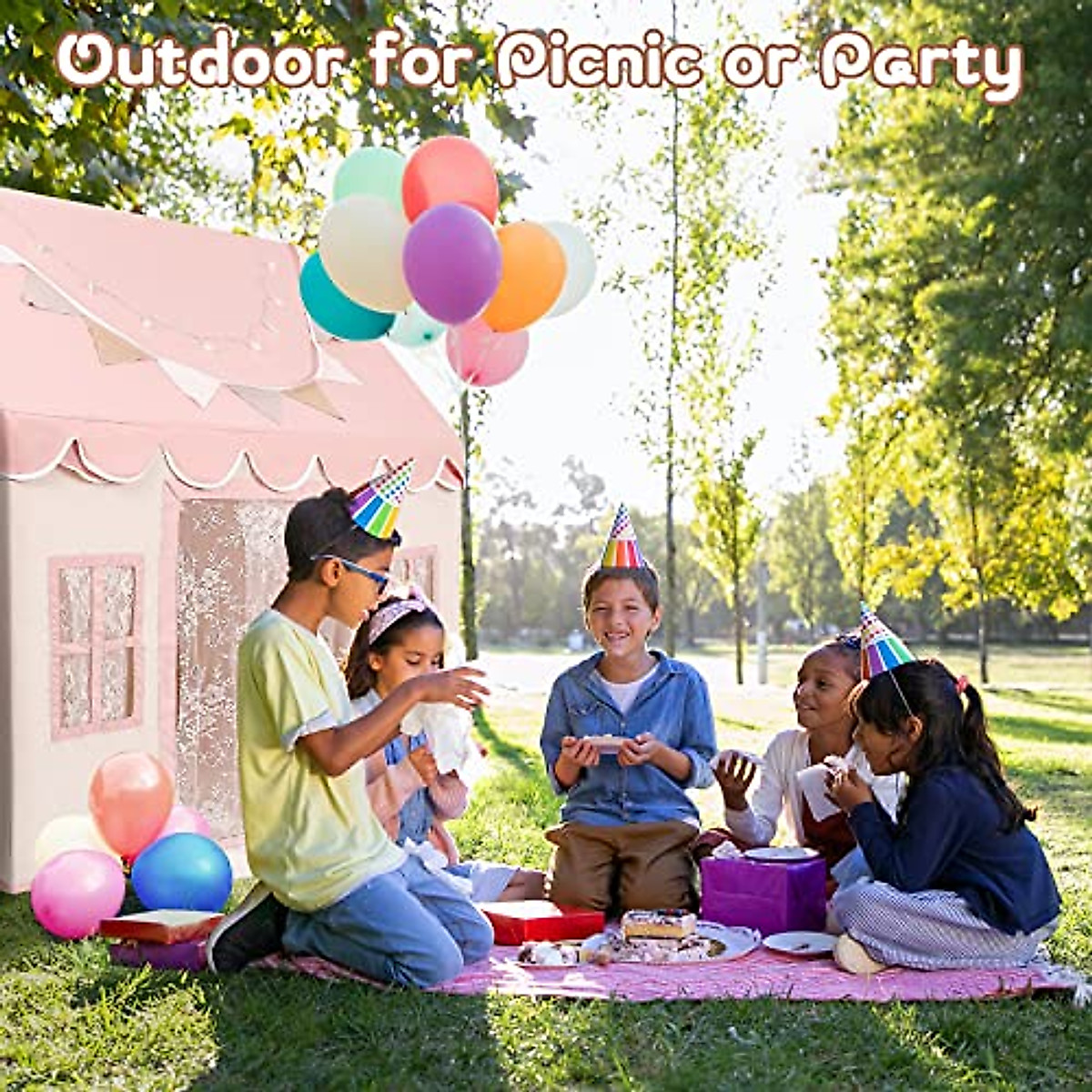 Kids Play Tent with Non-Slip Mat, Star Lights, Decorating Flag, Lace Curtains Playhouse with 4 Windows, Machine Washable, Indoor and Outdoor Play Tent for Kids, Girls, Pink, 47" x 40" x 52"