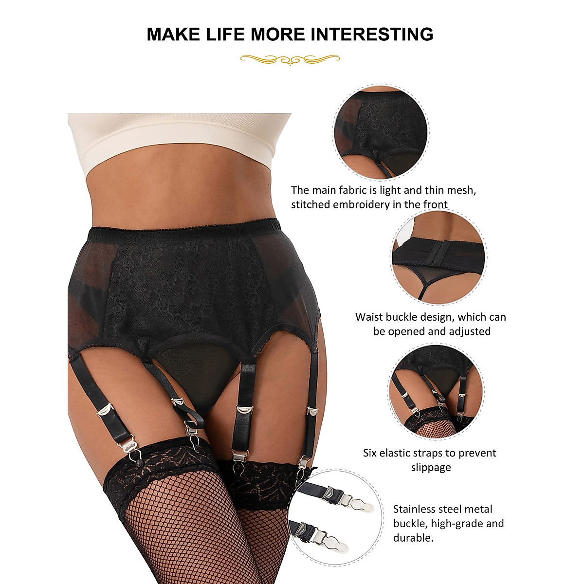 ohyeahqueen Plus Size High Waisted Garter Belt for Women Mesh Lace Suspender Belt with 6 Straps Metal Clip for Stocking, Black, 3X-4X
