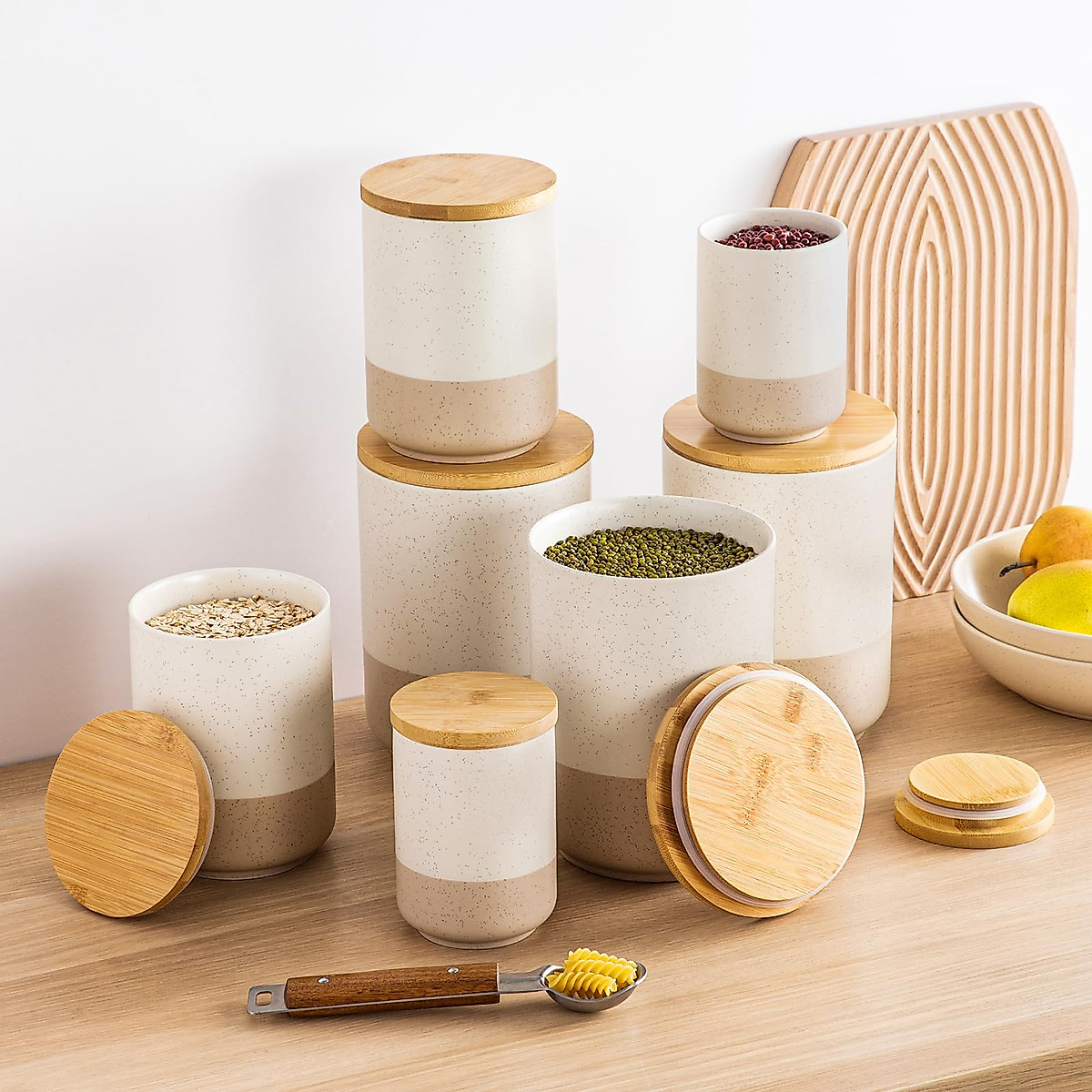 vancasso Sabine Canister Sets for Kitchen Counter, Ceramic Food Storage Jars with Airtight Wood Lids, Large Kitchen Canisters for Coffee, Sugar, Tea, Flour, Spice (Set of 3)