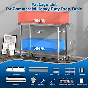 Leteuke Stainless Steel Prep Table, NSF Metal Work Table with Wheels, SUS201 Commercial Heavy Duty Table with Adjustable Undershelf, Food Prep Table for Restaurant Kitchen - 48" x 24" x 37"