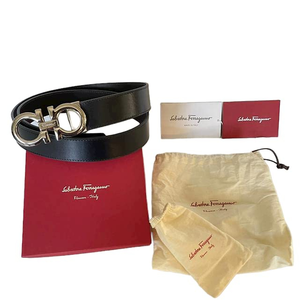 SALVATORE FERRAGAMO Adjustable & Reversible Gancini Belt, Silver Buckle…