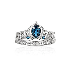 Jewelili Enchanted Disney Fine Jewelry Sterling Silver 6x4 MM London Blue Topaz with 1/10 Cttw Diamonds Cinderella Carriage Tiara Ring Size 8