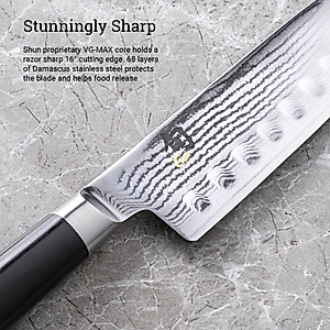 Shun Classic 7” Hollow-Ground Santoku All-Purpose Kitchen Knife; VG-MAX Blade Steel and Ebony PakkaWood Handle; Hollow-Ground Indentations for Reduced Friction and Smoother Cuts; Handcrafted in Japan