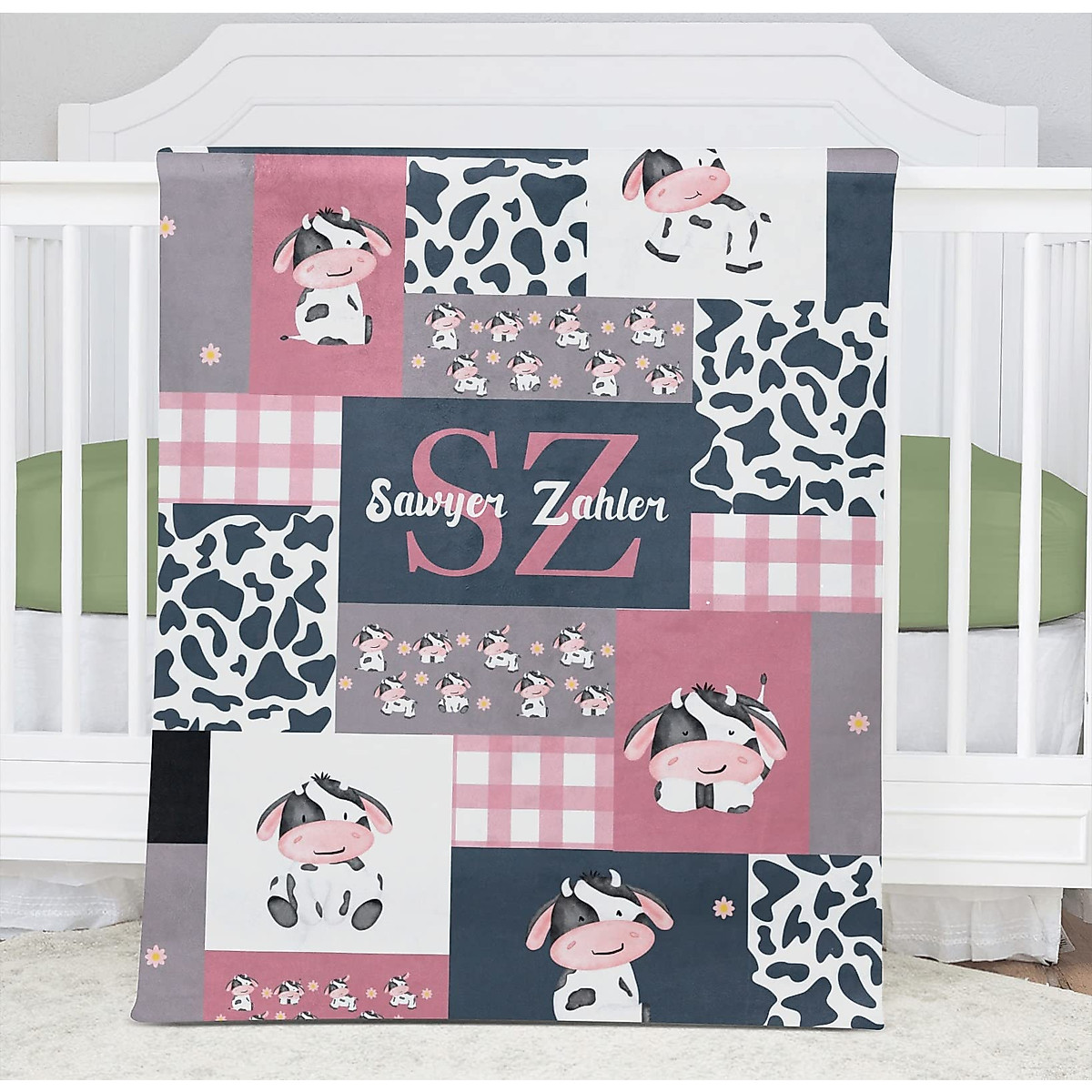 NZOOHY Cute Cows Print Patchwork Personalized Baby Blanket for Girl Boy Soft Warm Newborn Throw Naps Swaddle Custom Blanket 30X40 in 30 * 40 IN