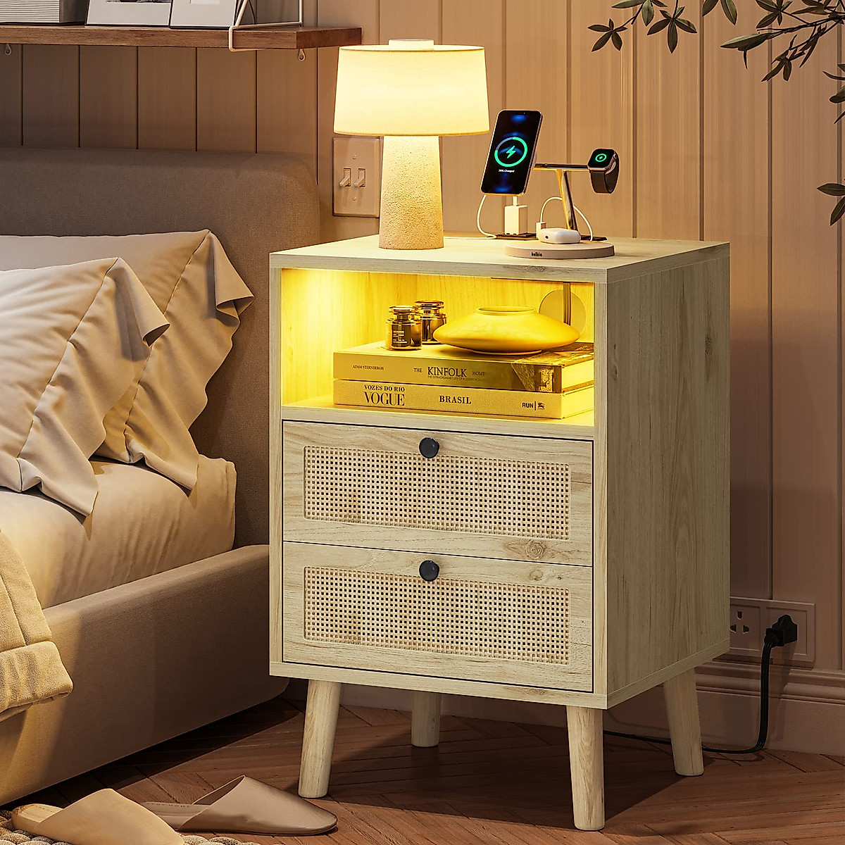 VIAGDO Rattan Nightstand with Charging Station, Led Night Stand with 2 Rattan Drawers, Bedside Tables with Solid Wood Feet, End Side Table with Open Storage Shelf for Bedroom