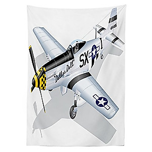 Ambesonne Vintage Airplane Tablecloth, P-51 Dallas Doll Detailed Illustration American Air Force Classic Plane, Dining Room Kitchen Rectangular Table Cover, 52" X 70", Grey White